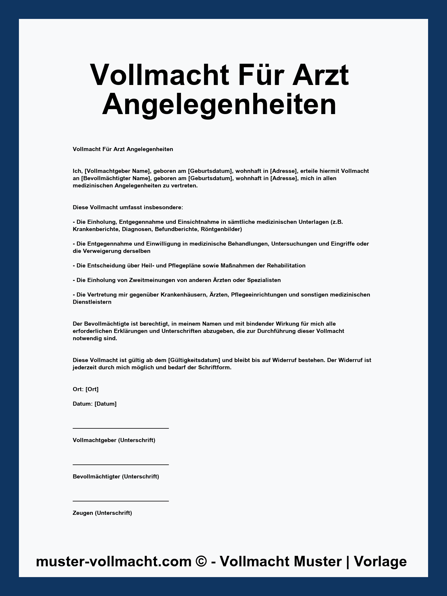 Vollmacht Für Arzt Angelegenheiten - PDF - Word