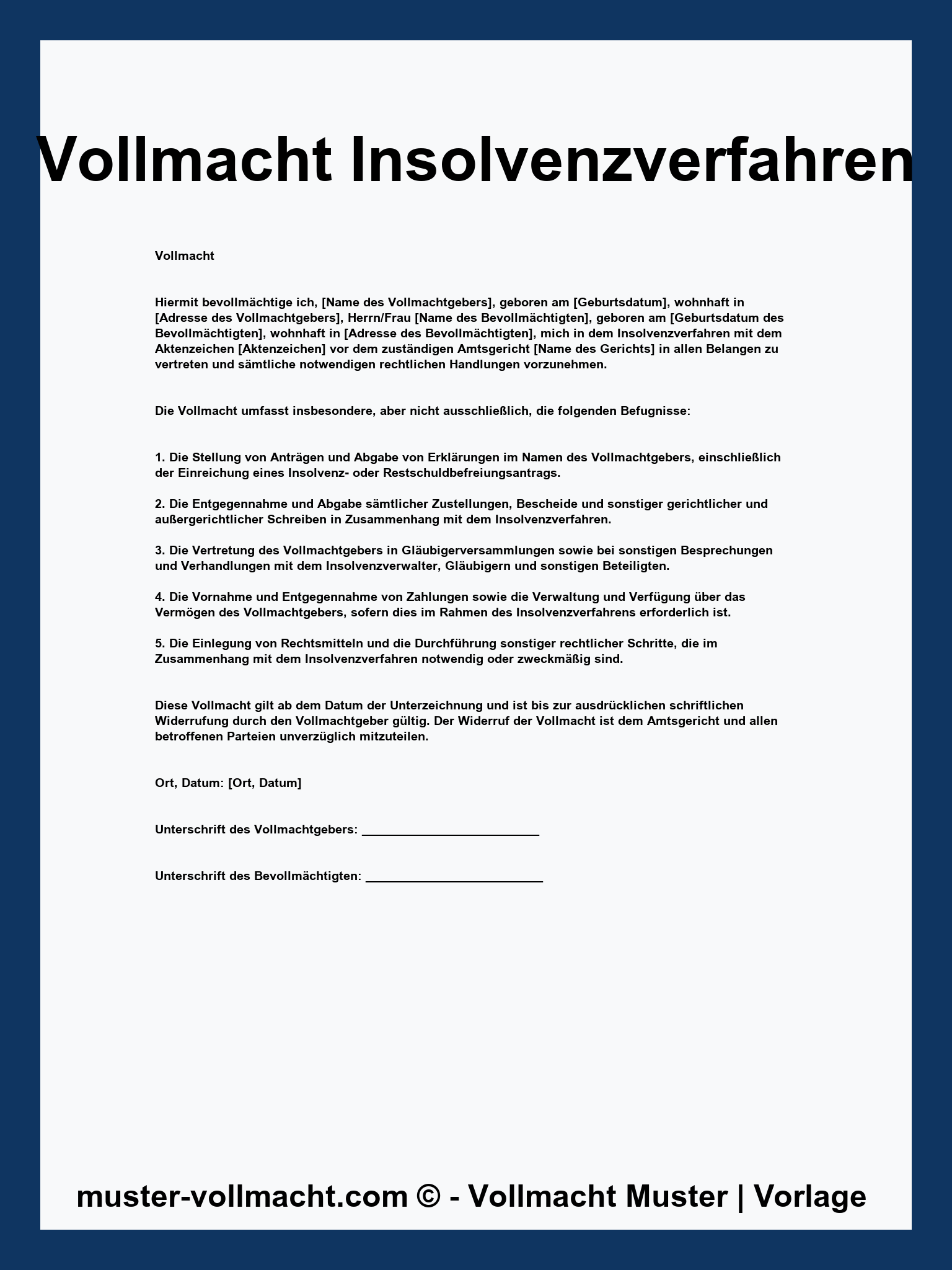 Vollmacht Insolvenzverfahren Muster - Word - PDF