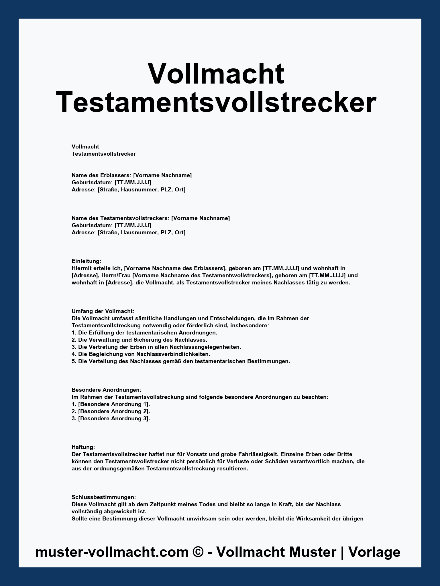 Vollmacht Nachlassabwicklung Muster